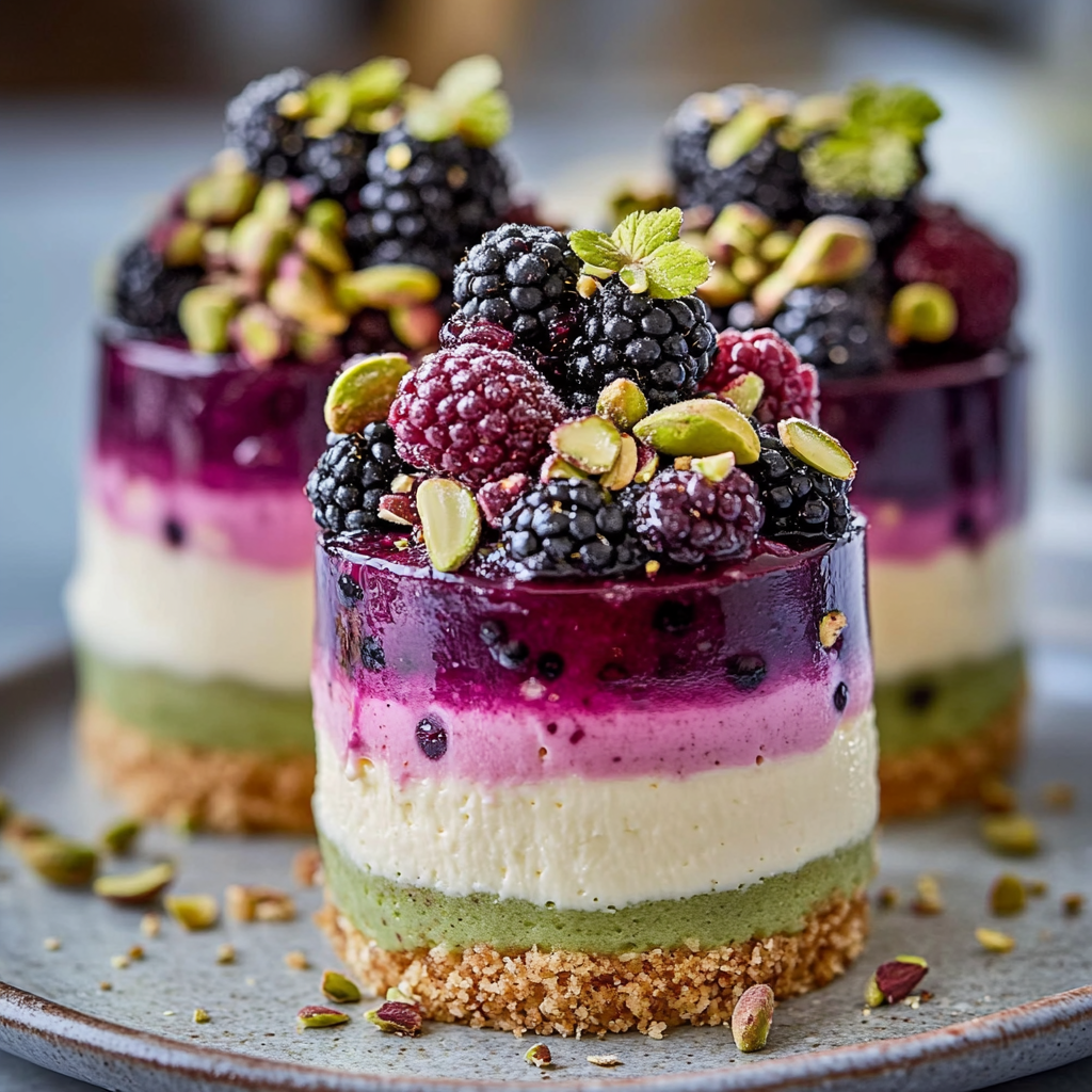 Pistachio & Blackberry Cheesecake Towers