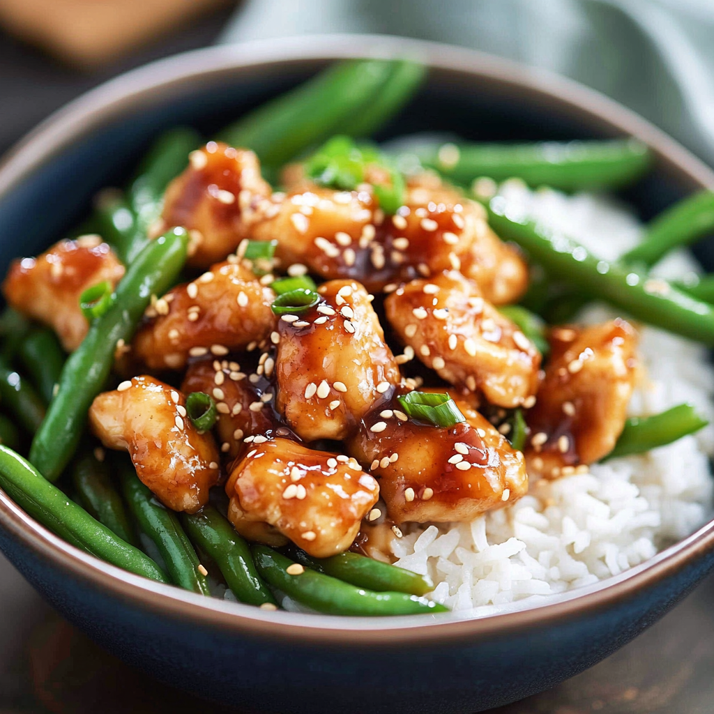 Sesame Chicken with Green Beans and Rice