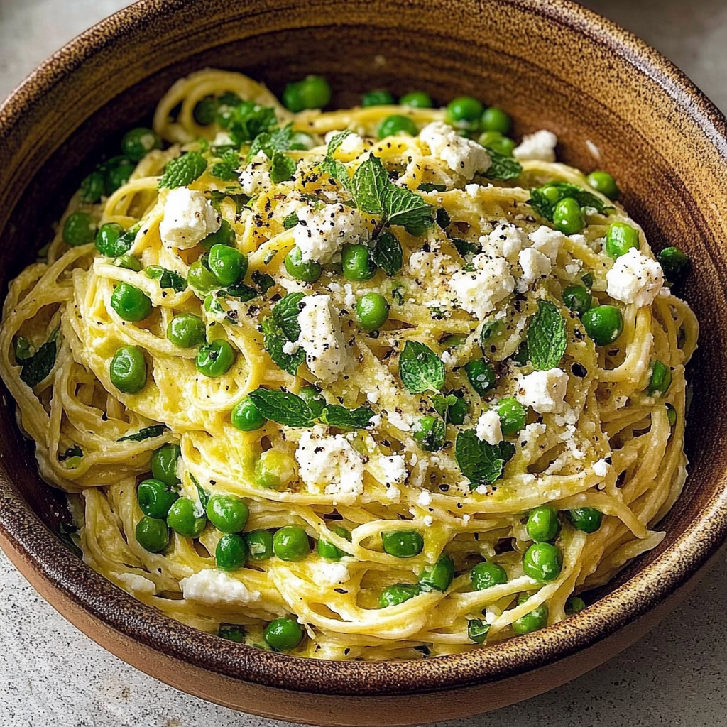 Spaghetti Goat Cheese Mint Peas