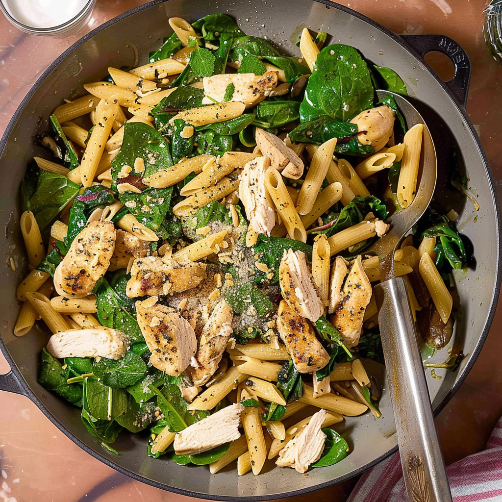 One-Pot Lemon Garlic Pasta with Spinach & Chicken